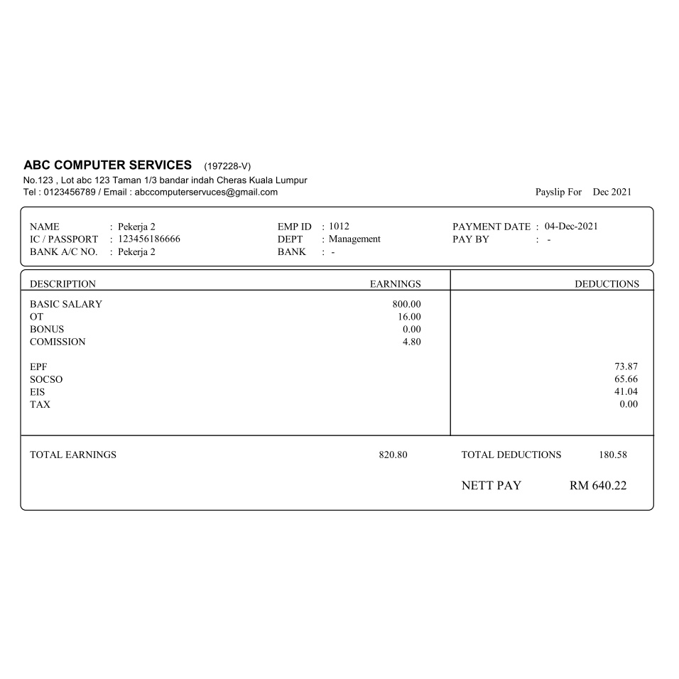 Payslip Excel Template
